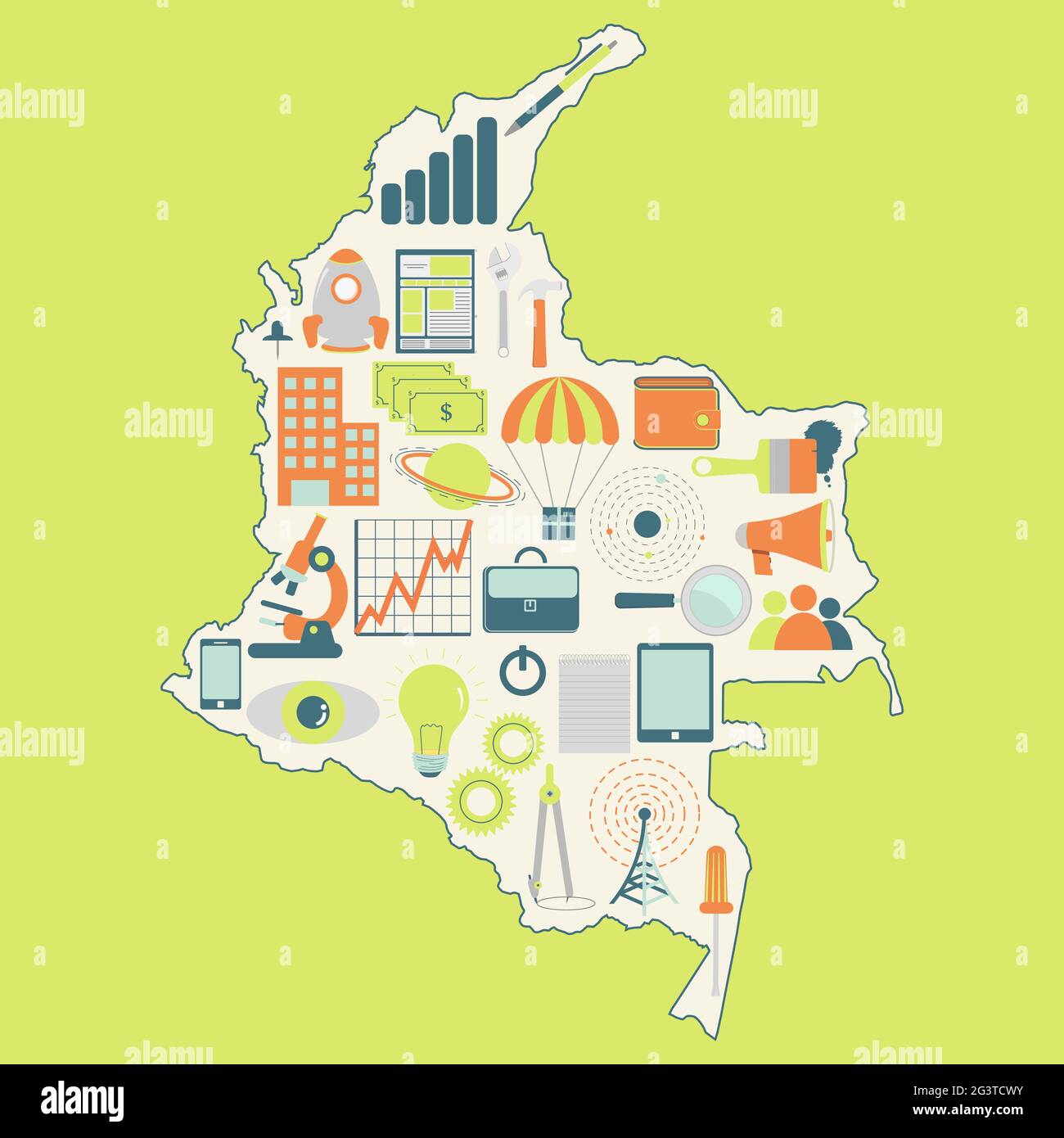 Contour map of Colombia with icons of technology, business, science ...