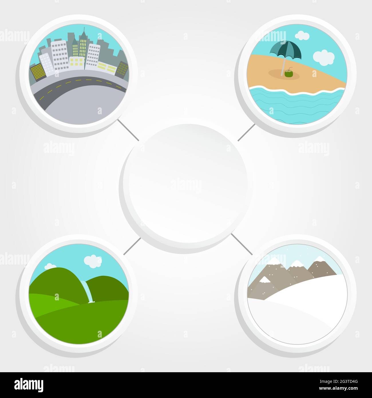 Different landscapes in a circular and white icon around a copy space ...