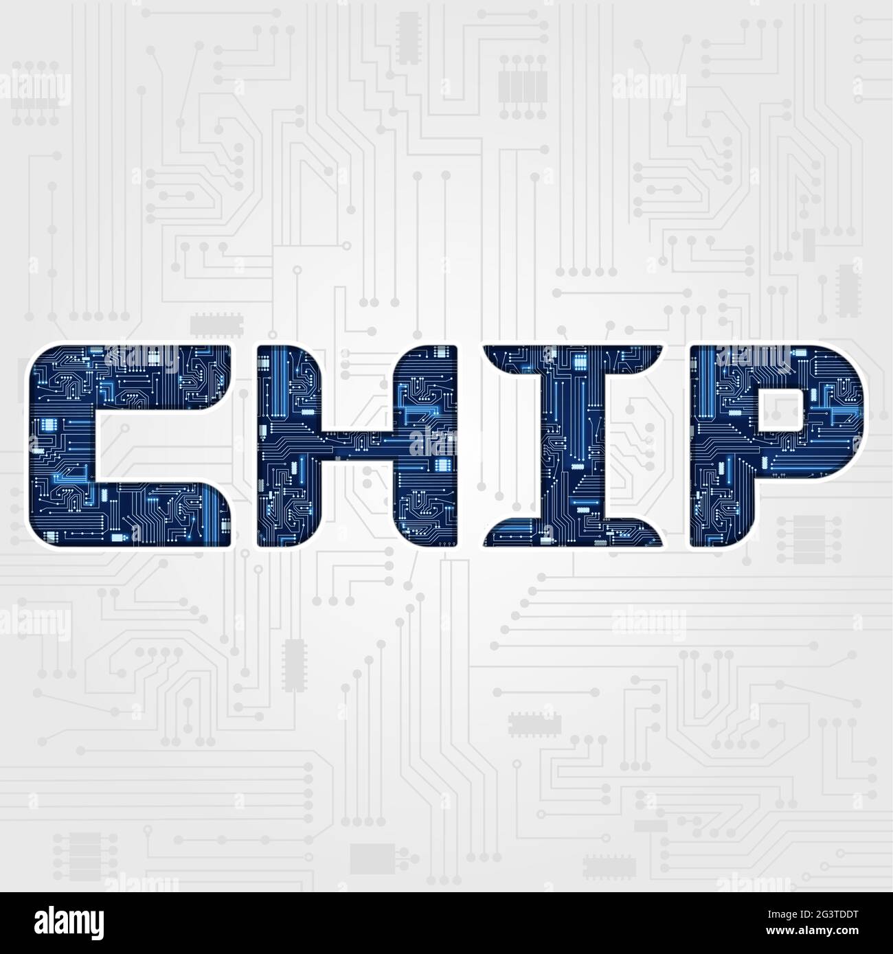 Word "chip" decorated with electronic circuit in a gray background with ...