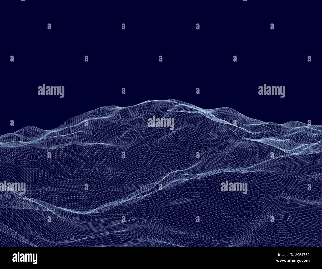 Detailed wireframe of mountain landscape made of blue lines on a dark ...