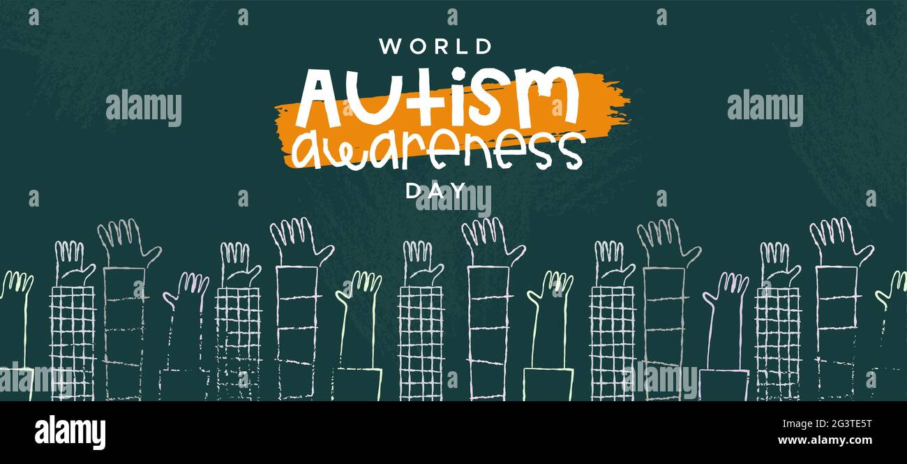 Autism Awareness Day greeting card illustration of child hands raised ...