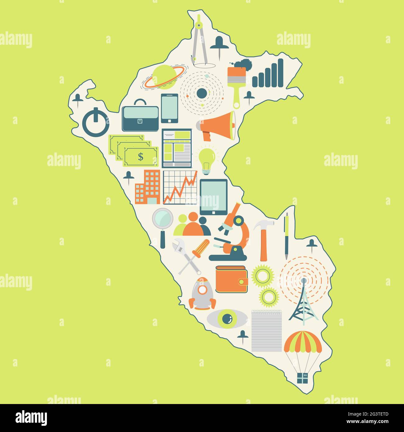 Contour map of Peru with icons of technology, business, science ...