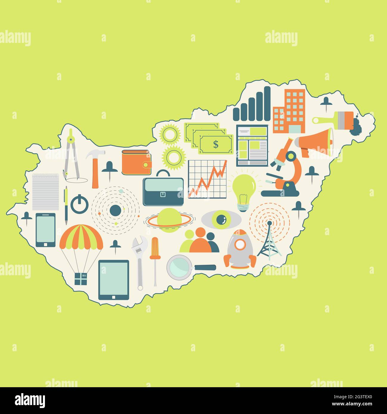 Contour map of Hungary with icons of technology, business, science ...