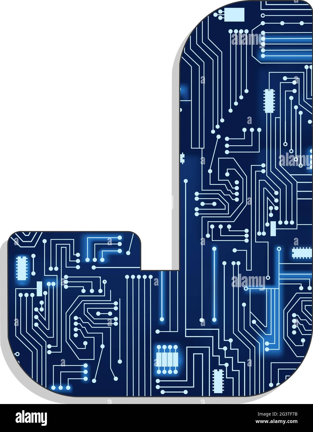 Letter "j" from technology's stylized alphabet with electronic circuit ...