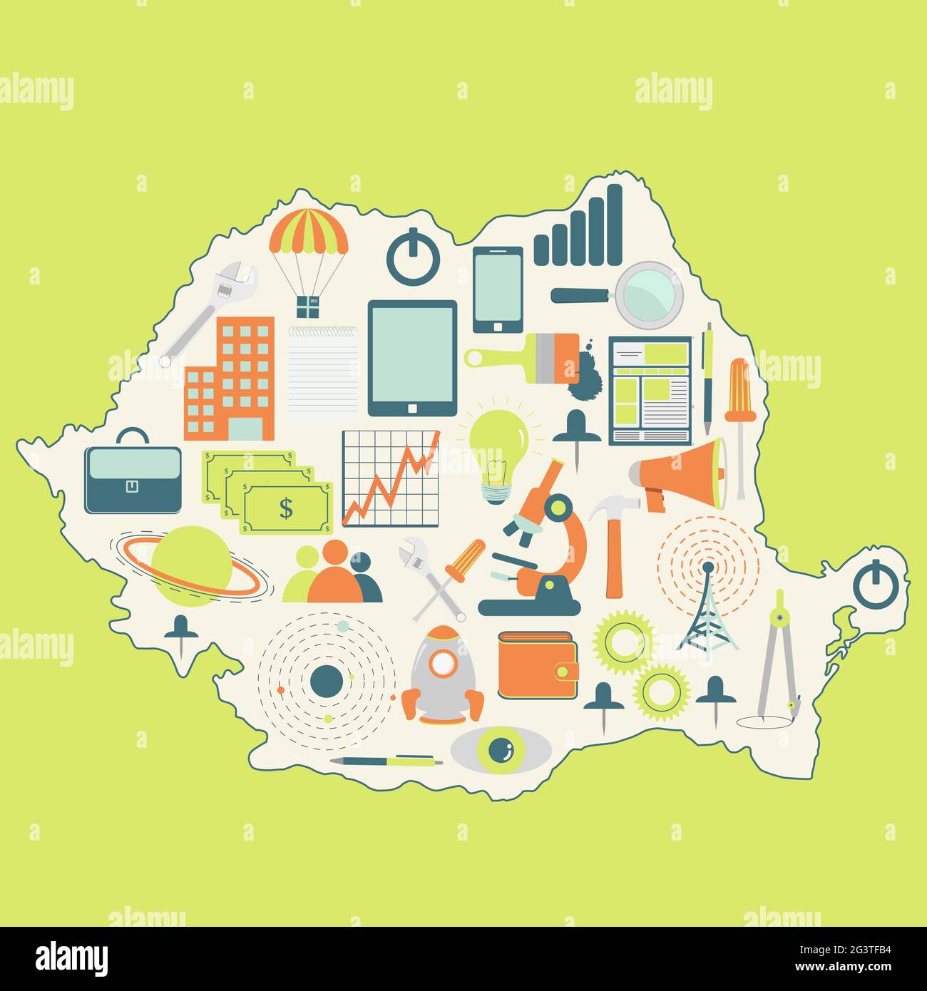 Contour map of Romania with icons of technology, business, science ...