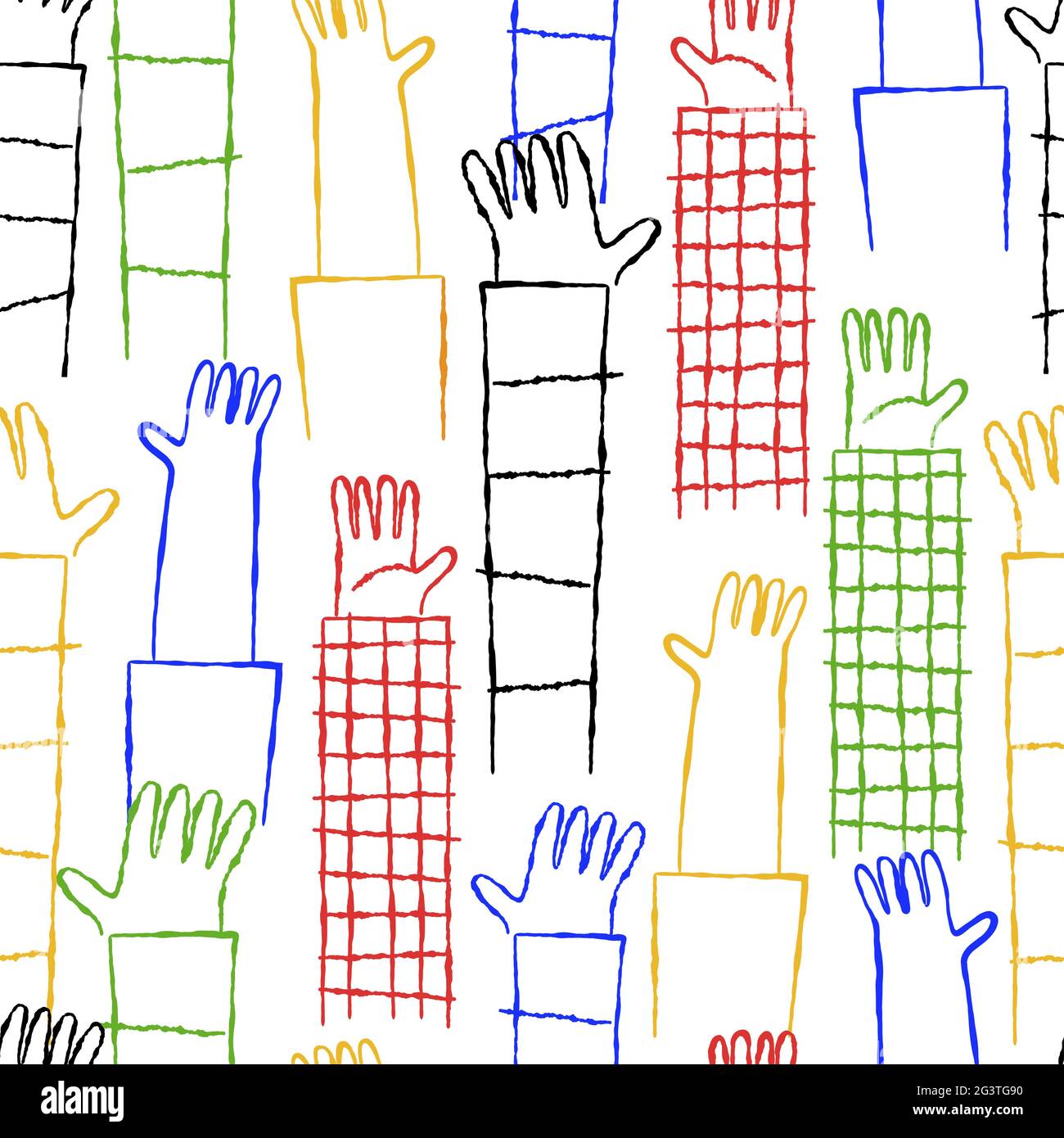 Colorful diverse hands raised up, doodle cartoon seamless pattern ...