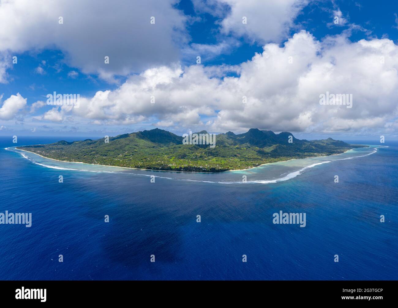 Aerial panorama of the Cook Islands located in the South Pacific. Image ...