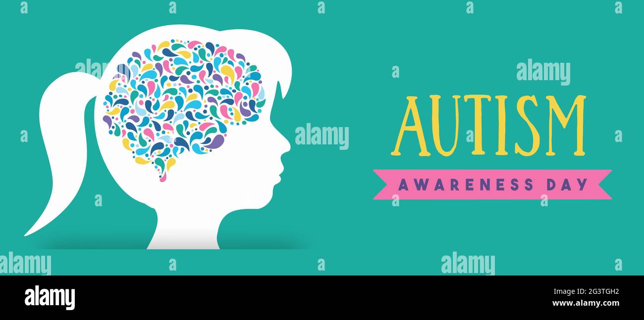 Autism awareness day web banner illustration of girl child head with ...