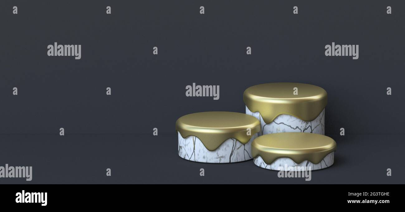 Abstract background three white marble cylinders with golden liquid ...