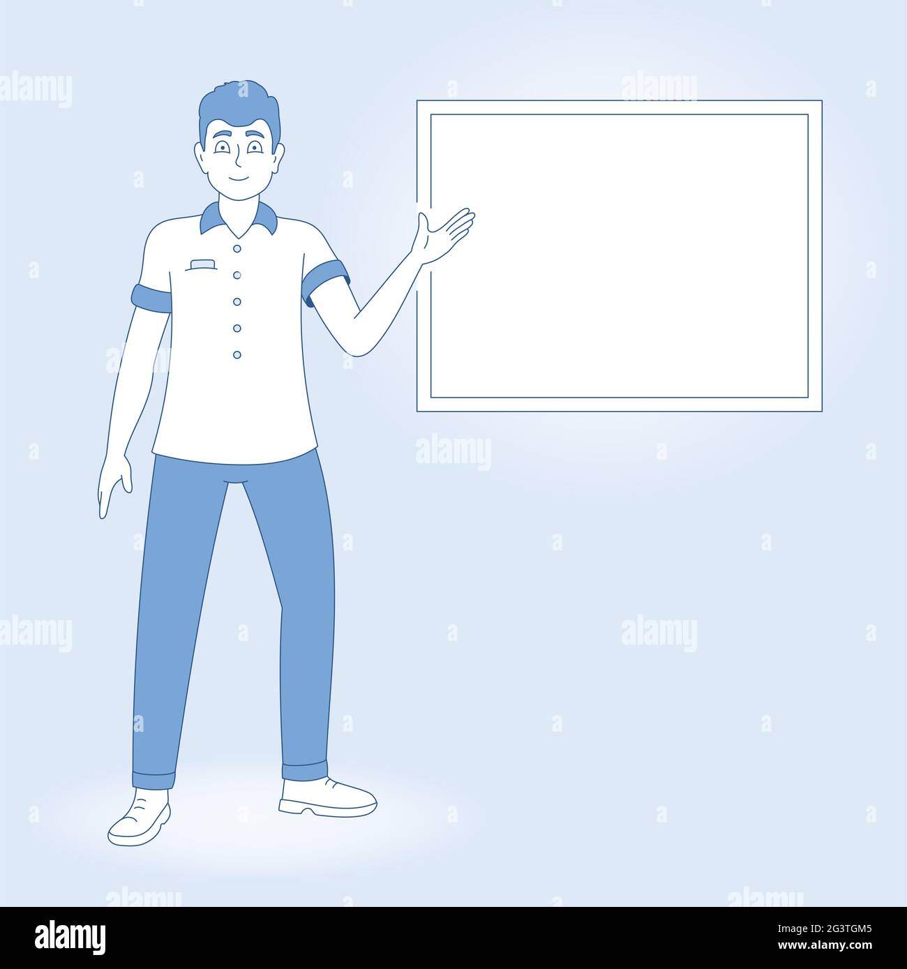 Guy points with his hand to a blank whiteboard, a man shows a report ...