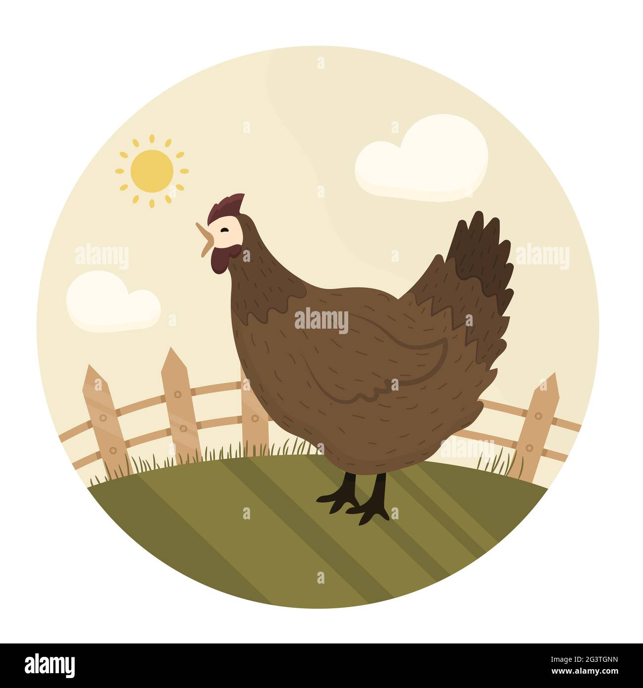 Chicken and the countryside. Poultry farm emblem. Vector illustration ...