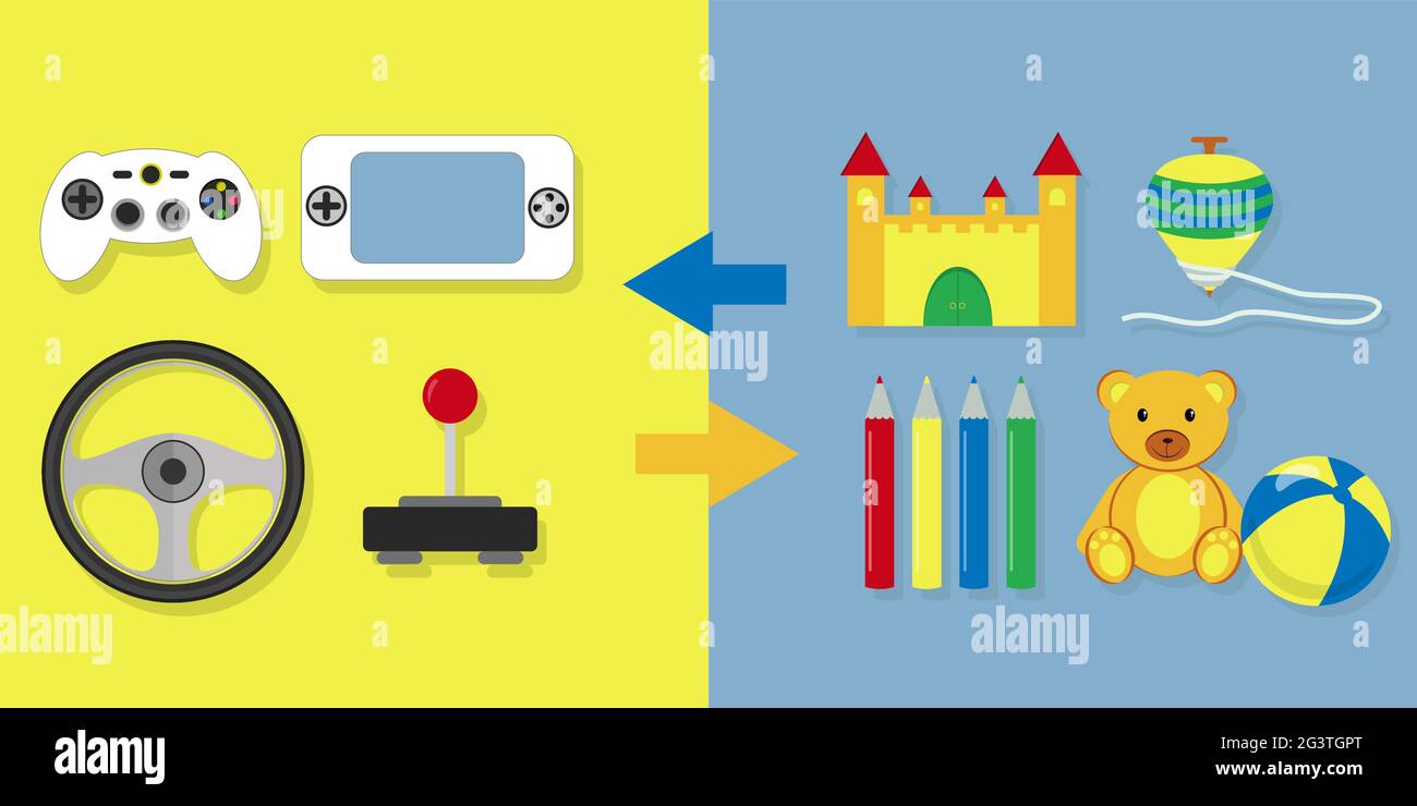 Video game (joystick, game boy, control, wheel) against other toys ...
