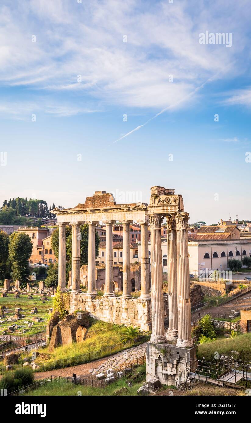 Sunrise light with blue sky on Roman ancient architecture in Rome ...