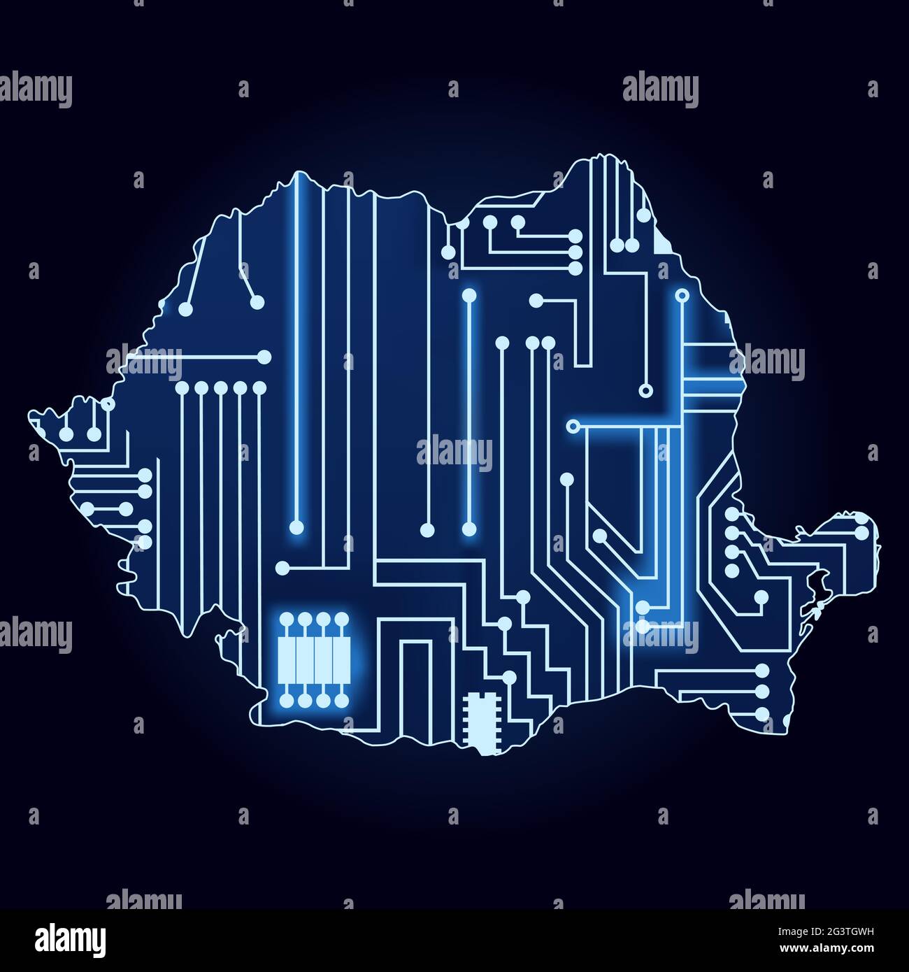 Contour map of Romania with a technological electronics circuit Stock ...