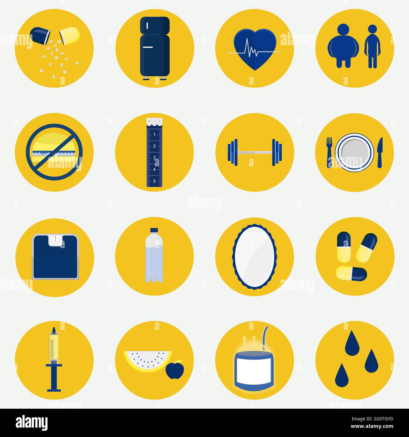 Colorful circular icons representing equipment, food and habits related ...