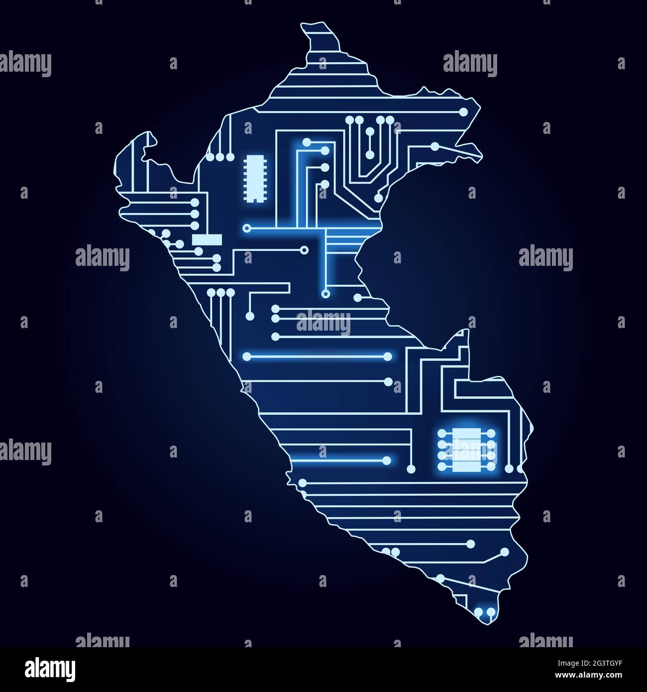 Contour map of Peru with a technological electronics circuit Stock ...