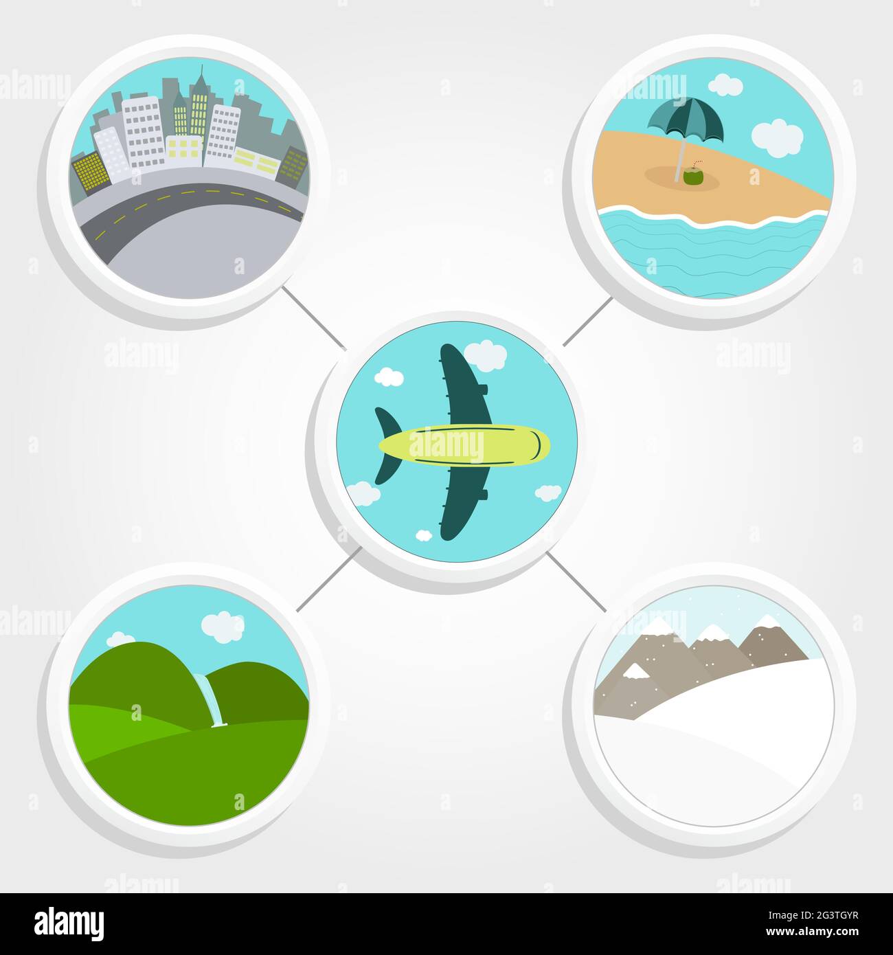 Different tourist destinations traveling on vacation and a plane in the ...