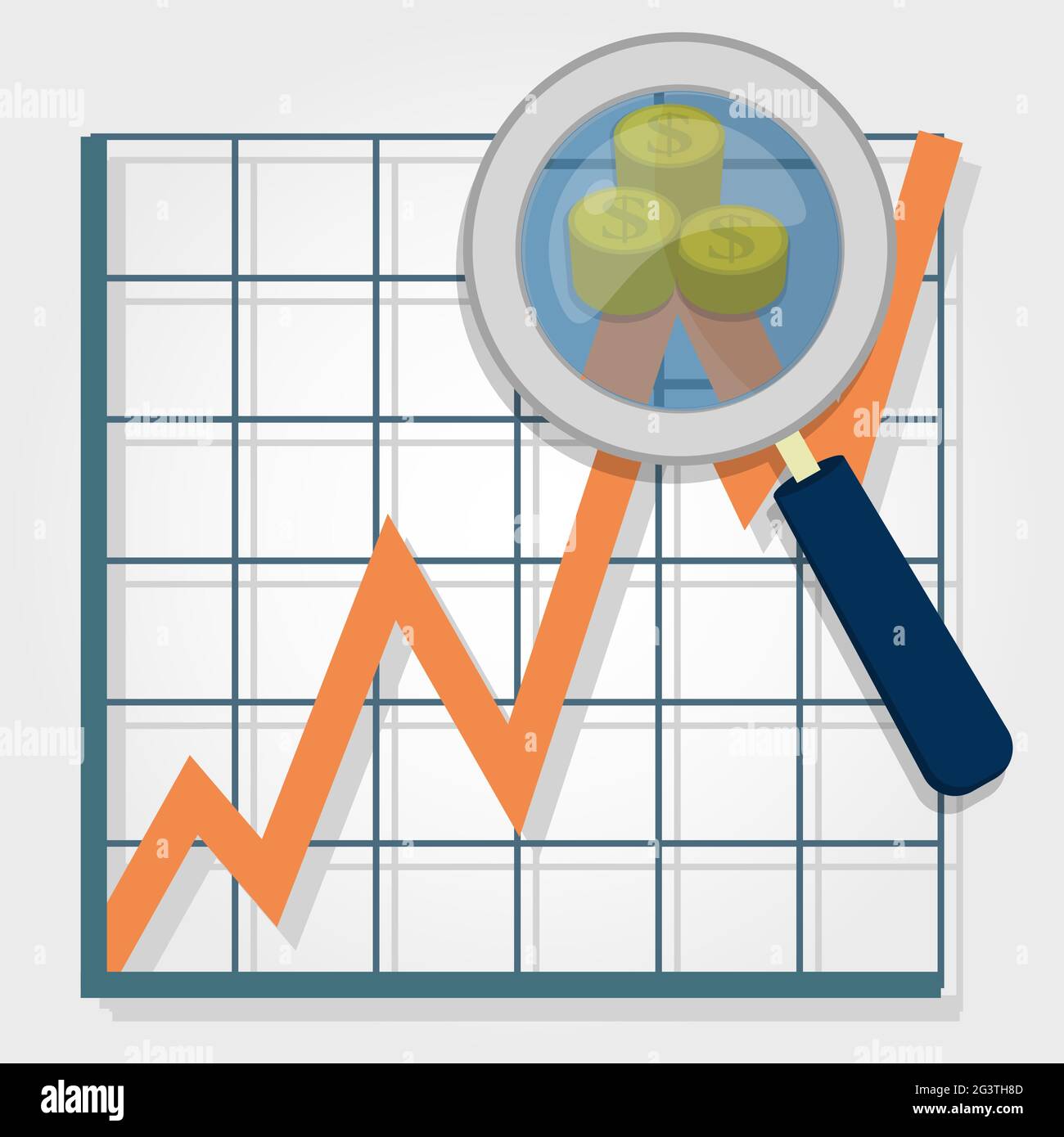 Growth chart and a magnifying glass focusing on a point with coins ...
