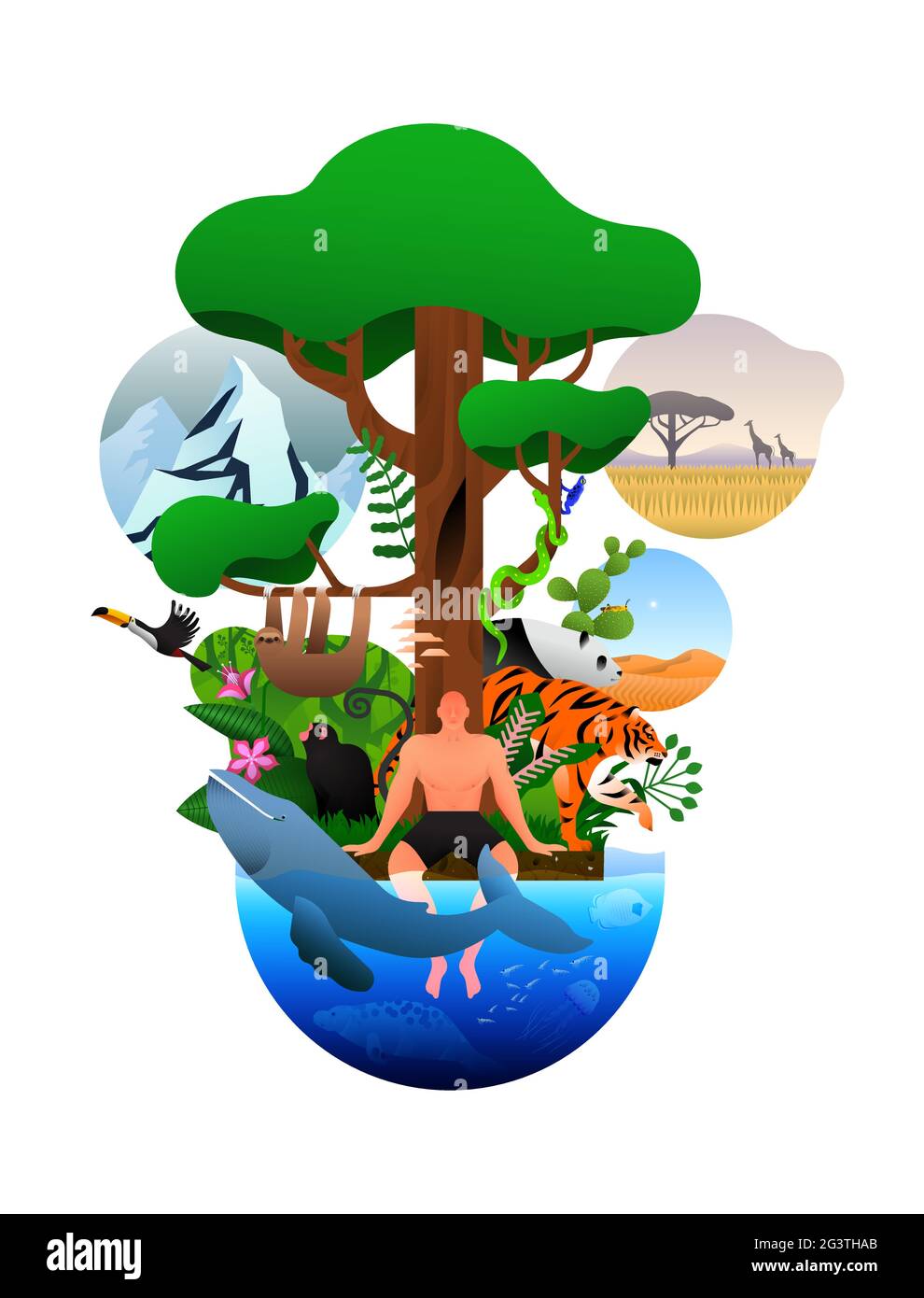 Biodiversity tree with diverse wild animal and plant. Nature life ...