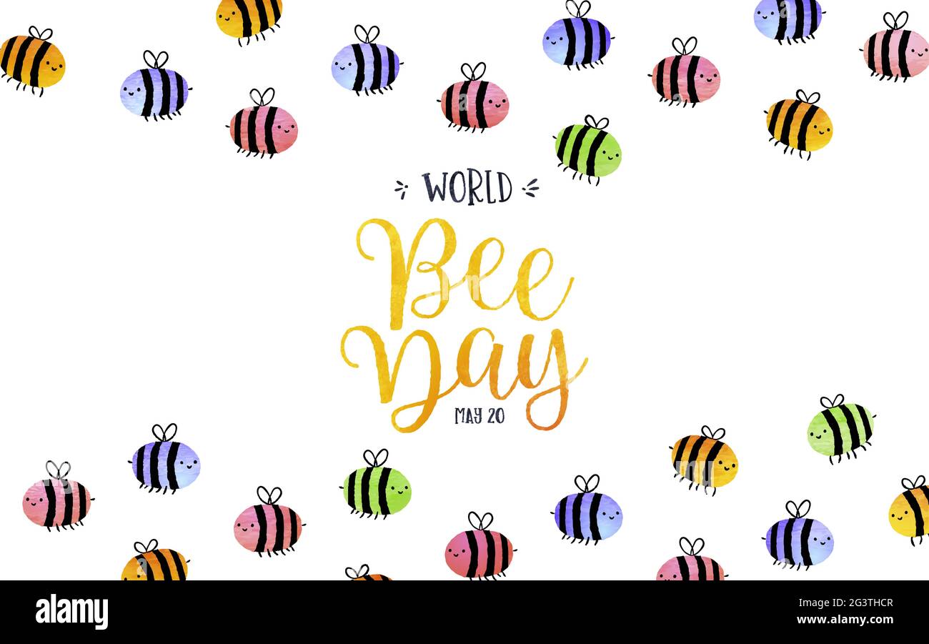 World Bee Day greeting card illustration of colorful cute honey bees ...