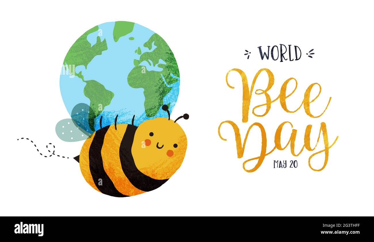 World Bee Day greeting card illustration of cute bumblebee cartoon ...