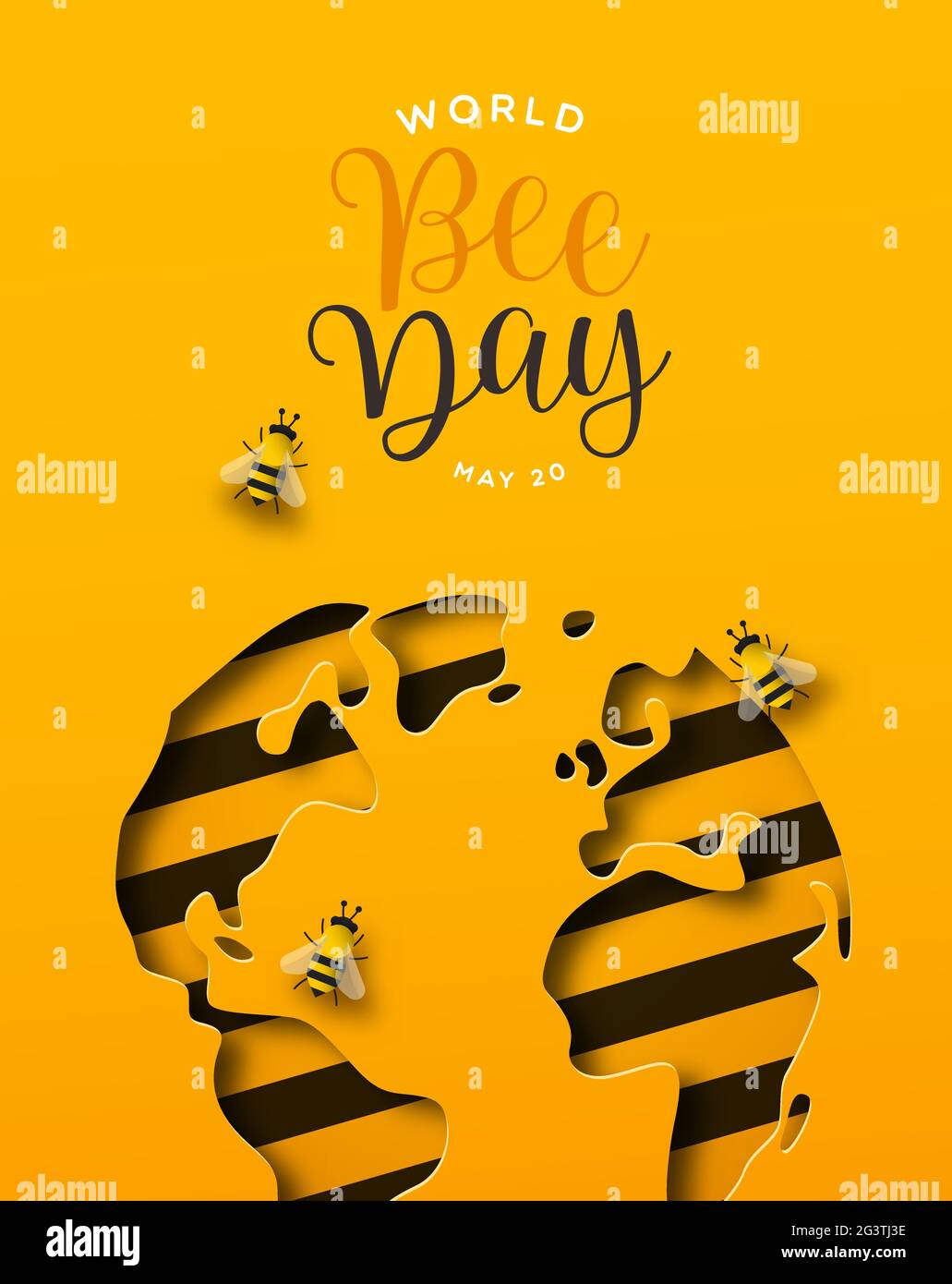 World Bee Day greeting card illustration of paper cut earth planet in ...
