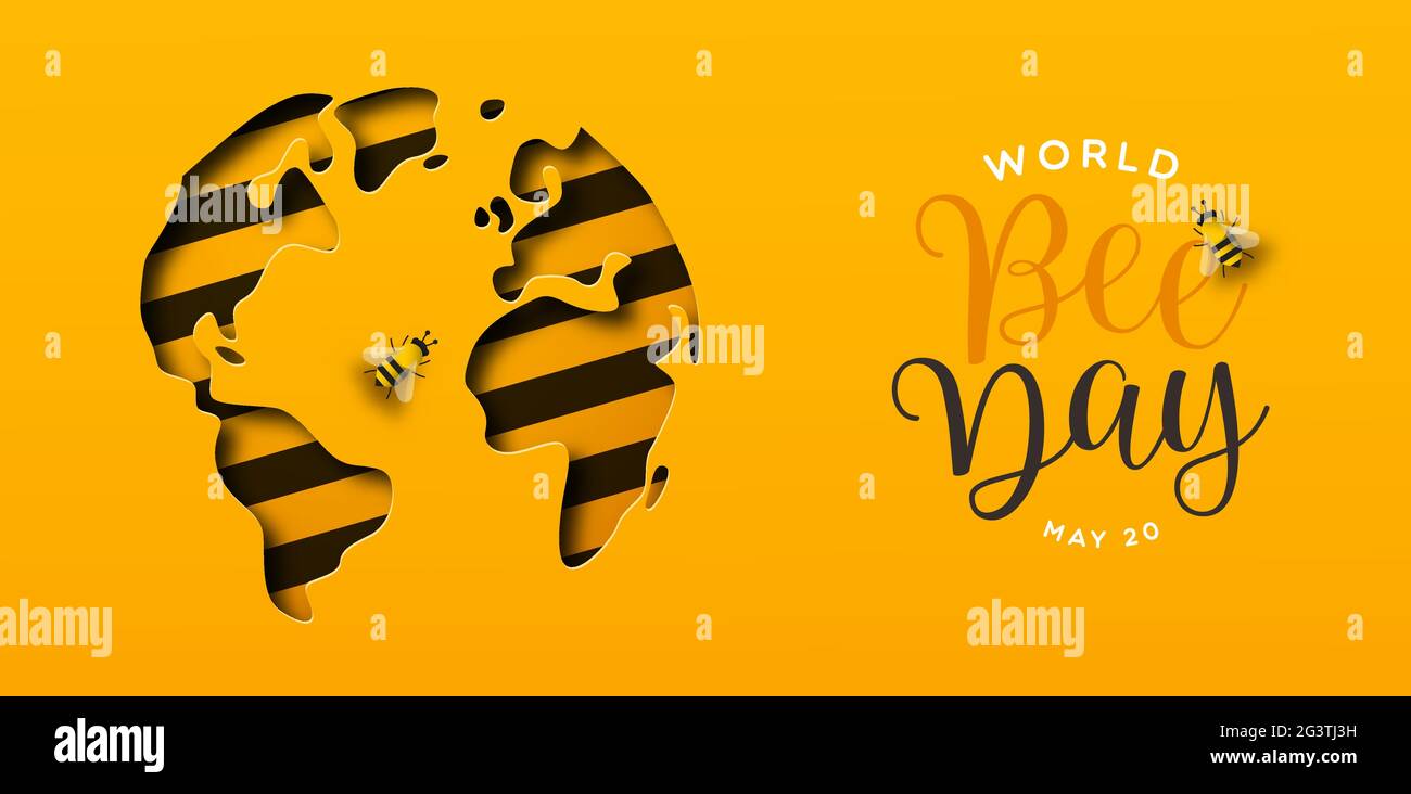 World Bee Day web banner illustration of paper cut earth planet in ...