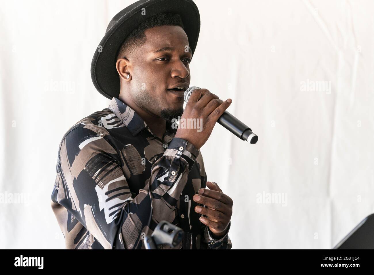 New York, NY - June 17, 2021: Justin Mensah performs at construction kickoff for National Urban ...