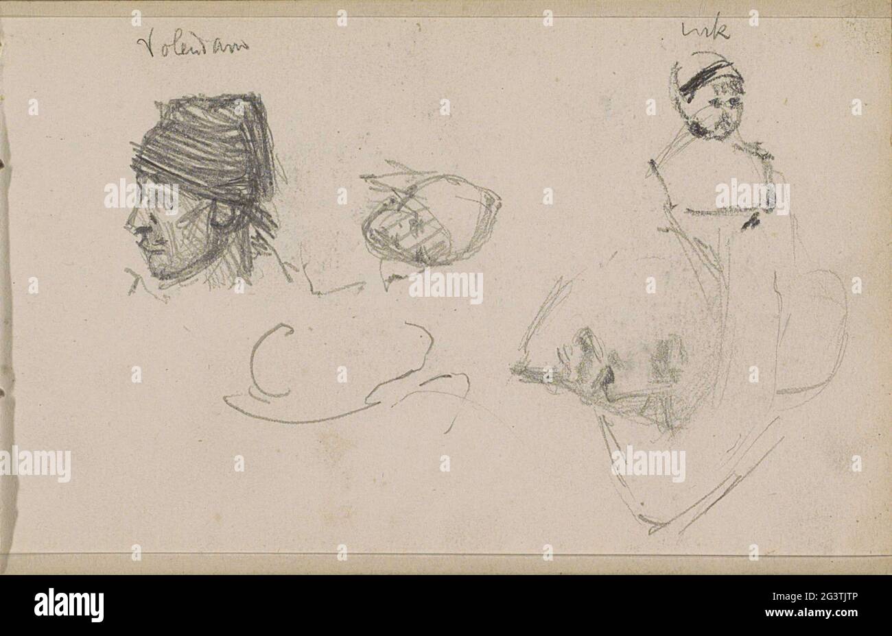 Man in Volendam traditional costume and a child with a Urker hat. Leaf ...