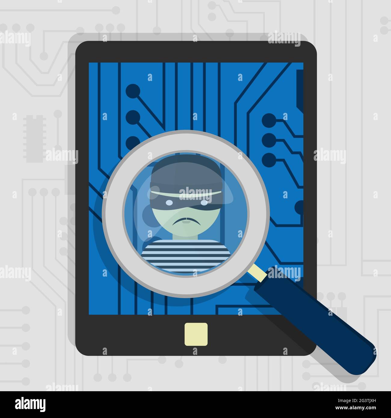 Malware detected on tablet represented by a magnifying glass focusing ...
