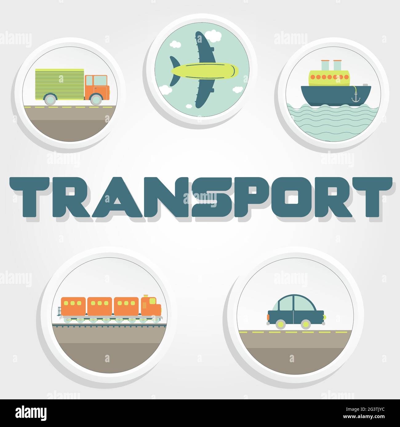 "Transport" word and circular icons of truck, airplane, car, train and ...