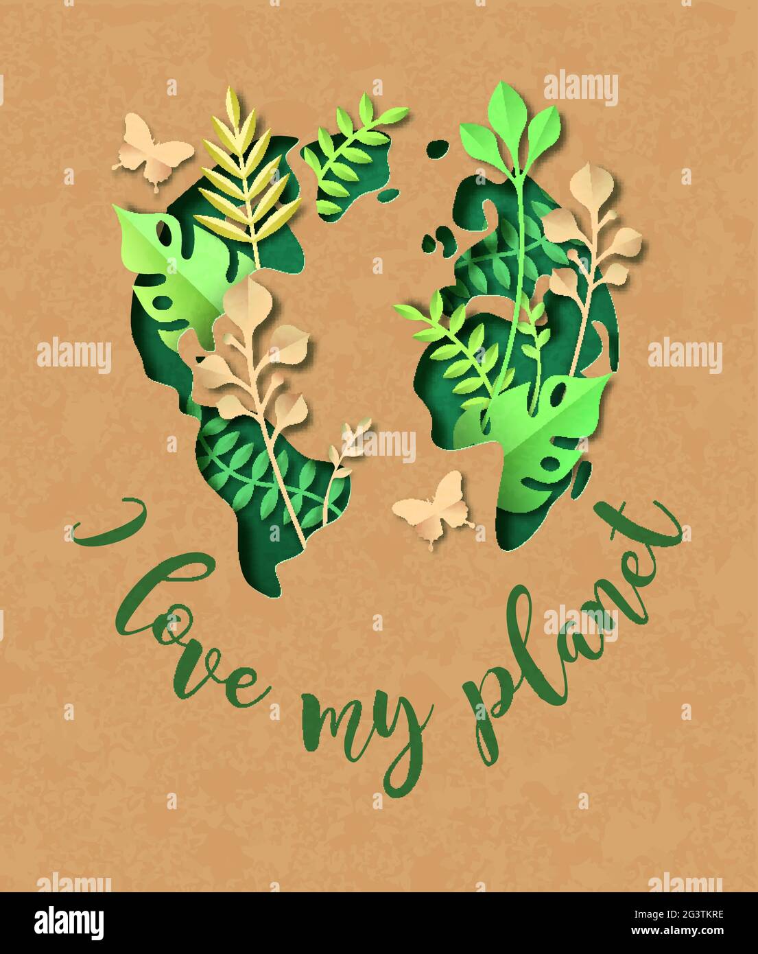 I love my planet lettering greeting card illustration of green papercut ...