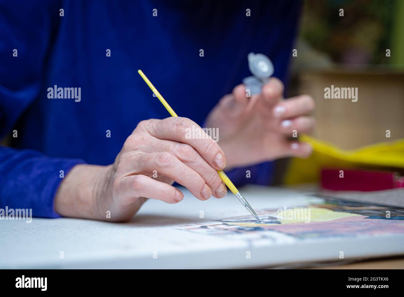 Happy mature artist woman painting on canvas at home studio. Express ...