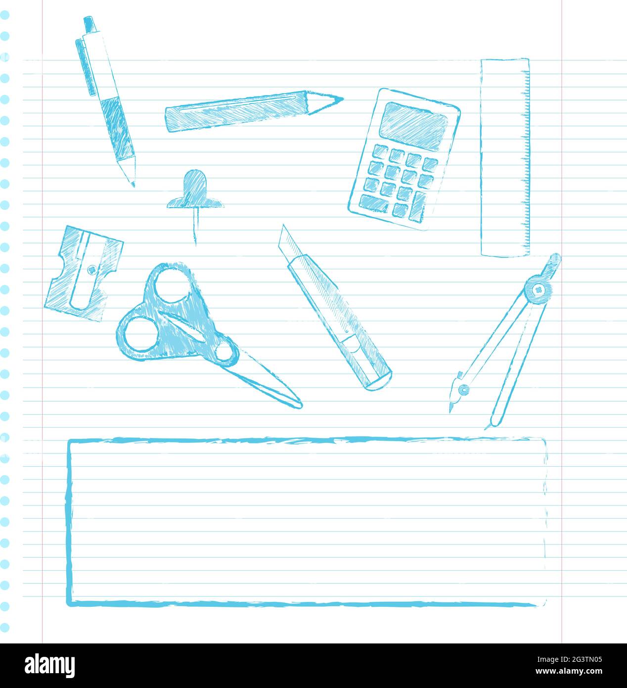Set of school supplies drawn in a notebook background. Copy space Stock ...