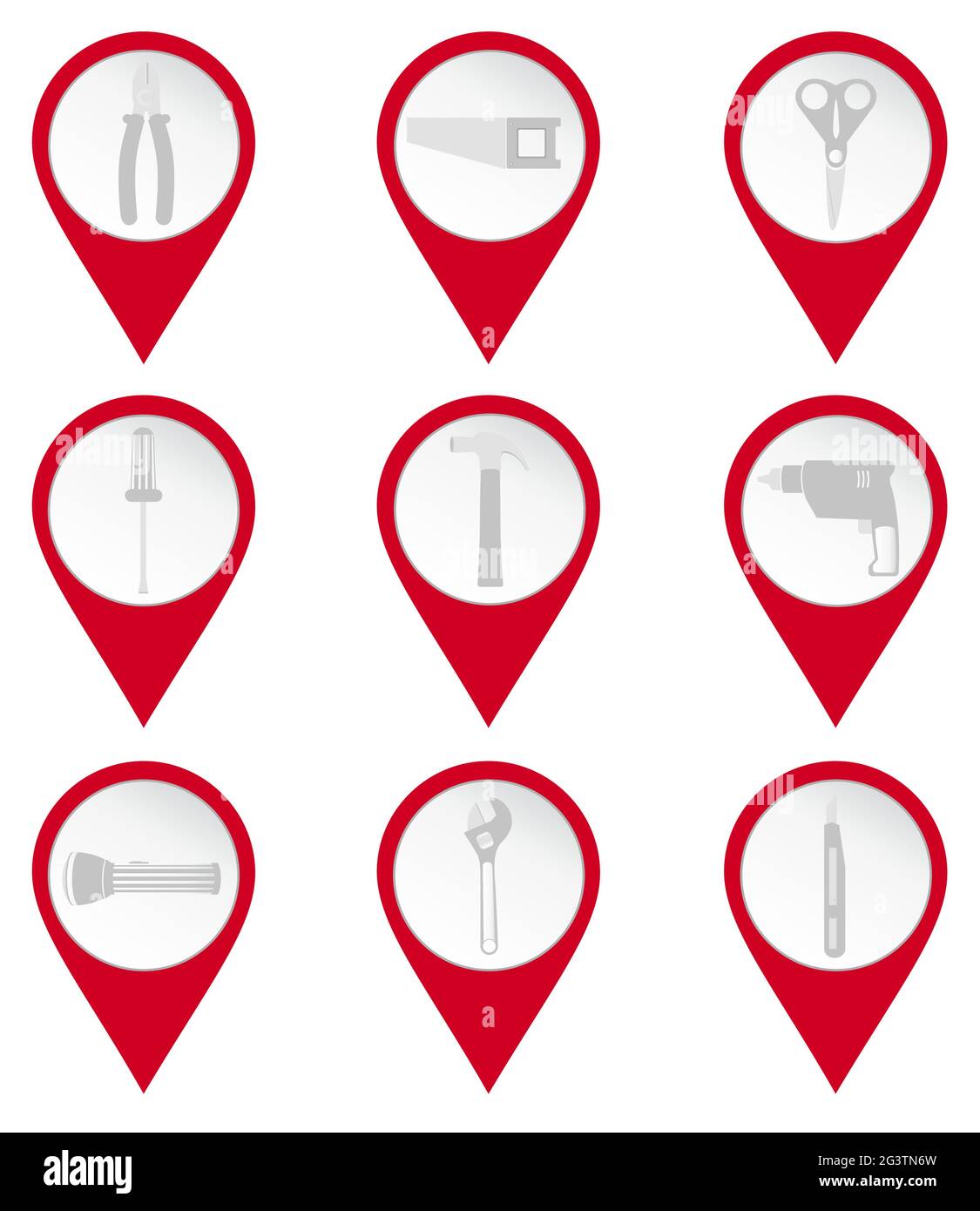 Map pin icons of tools: pliers, saw, flashlight, screwdriver, wrench ...