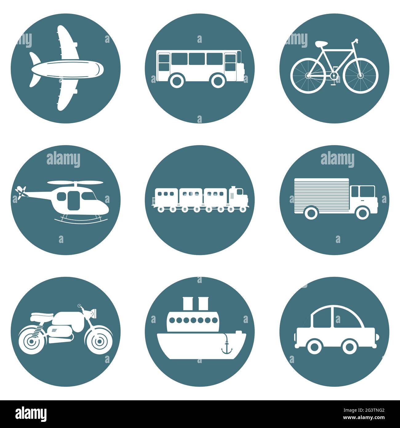 Circular and monochrome icons of transport - car, truck, plane, ship ...
