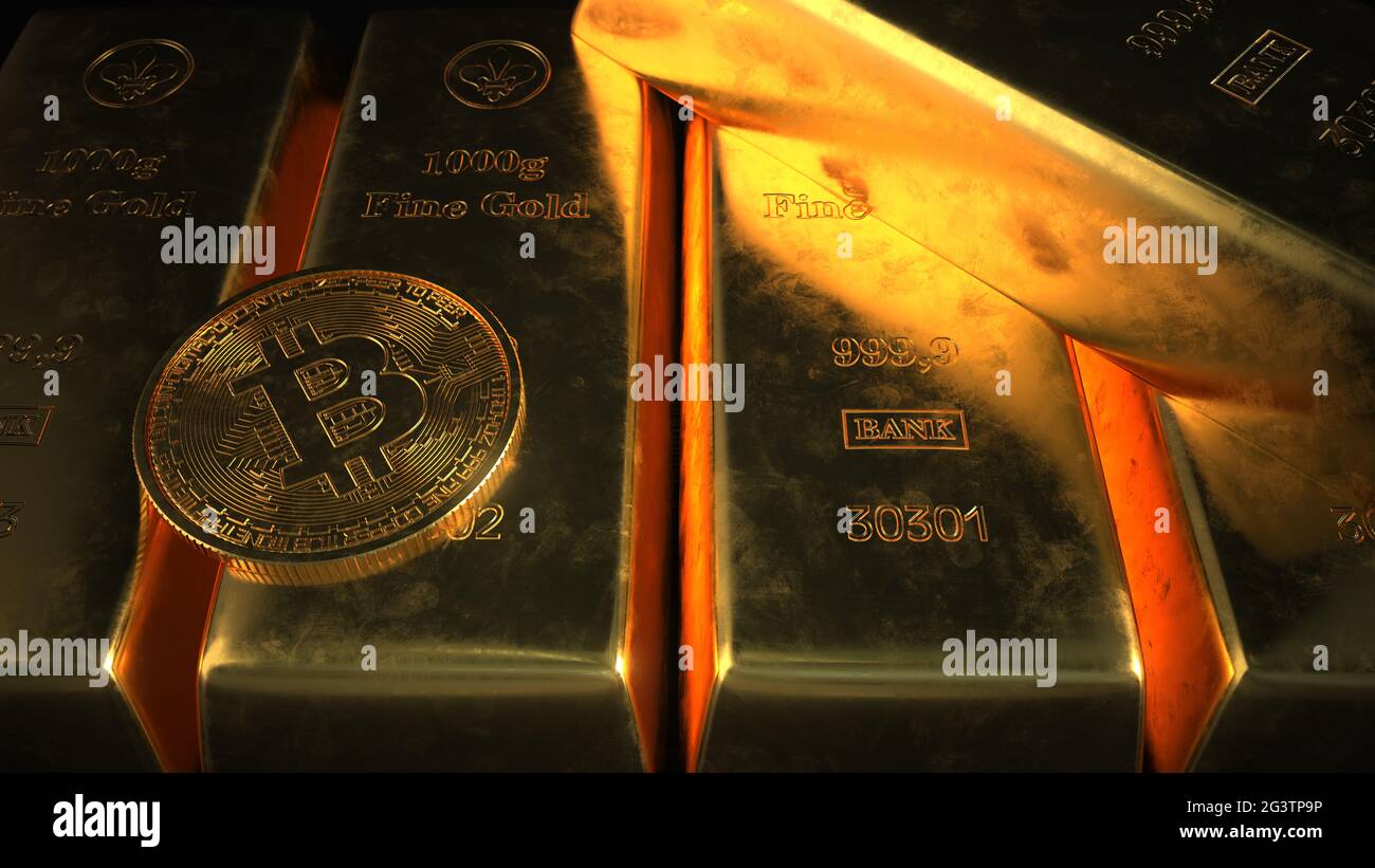 Fine Gold Bars Bitcoin Coins Stock Photo - Alamy