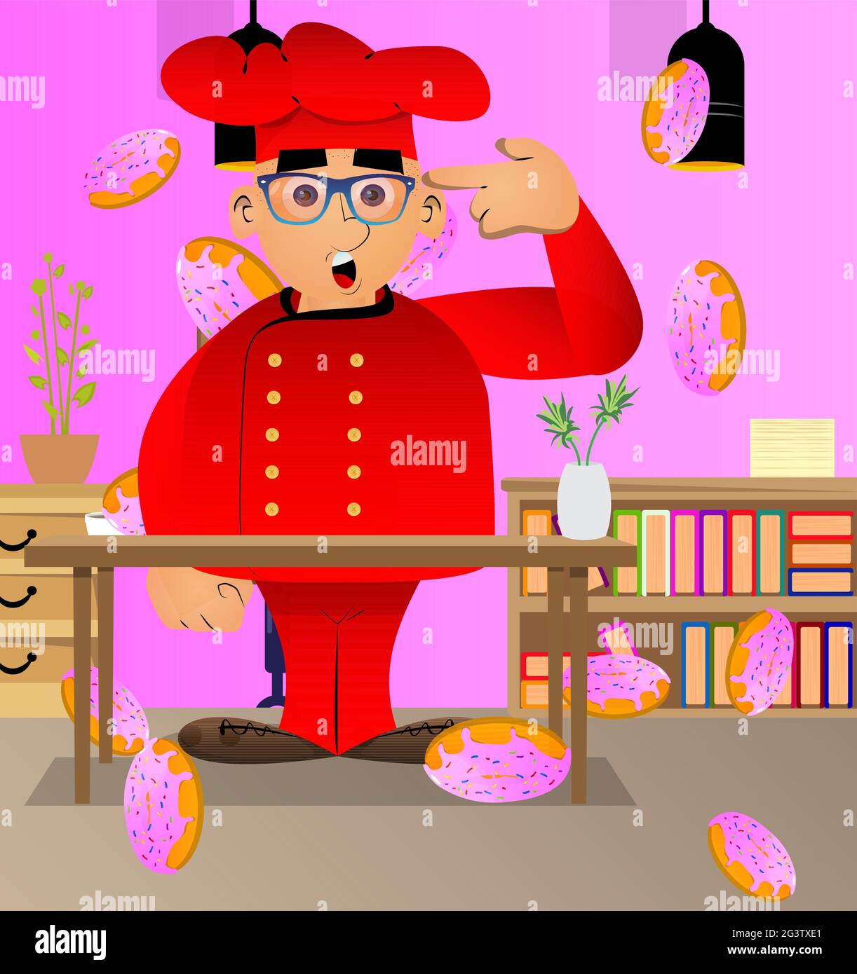 Fat male cartoon chef in uniform puting an imaginary gun to his head ...