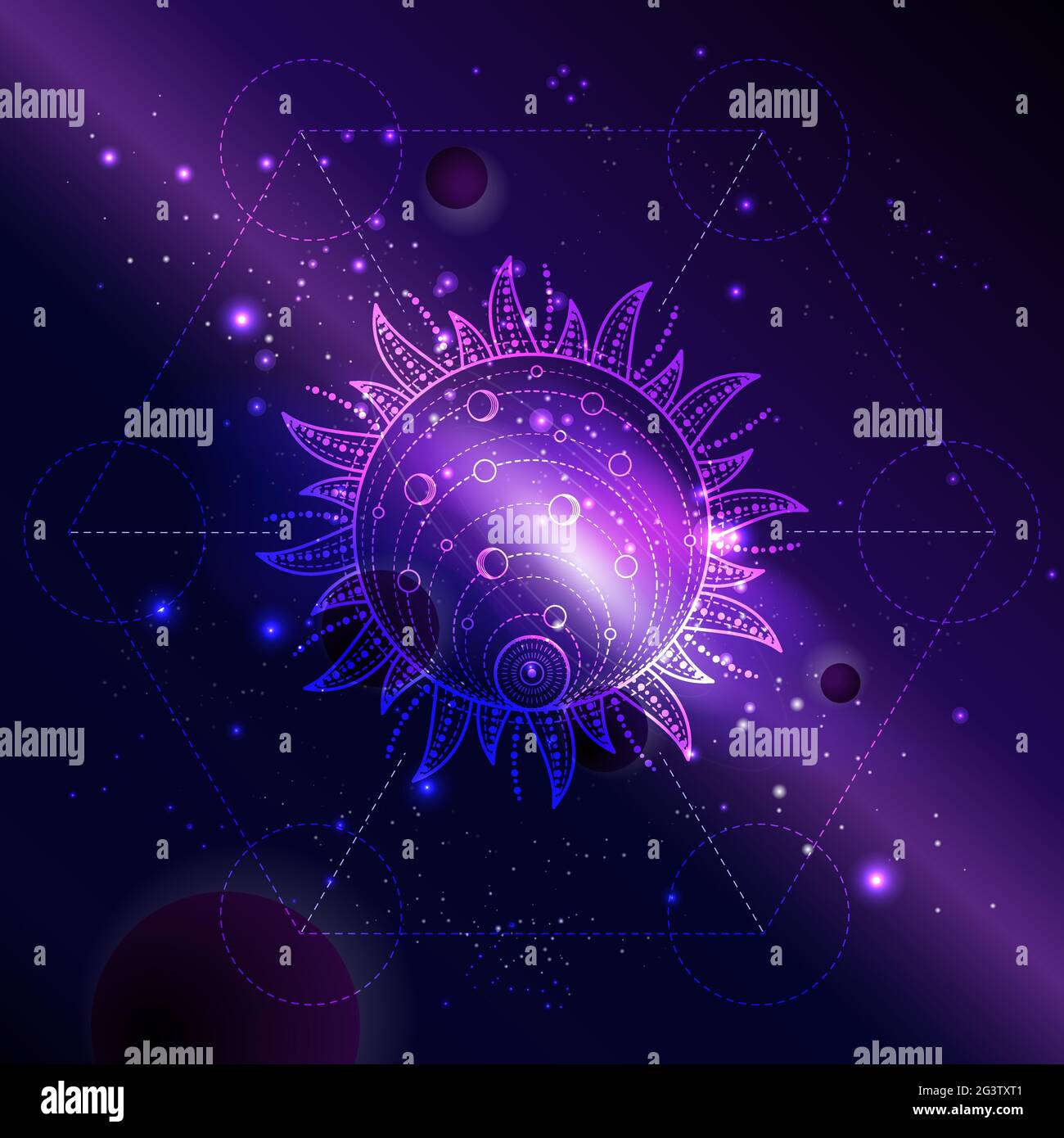 Vector illustration of Sacred symbol Sun against the space background ...