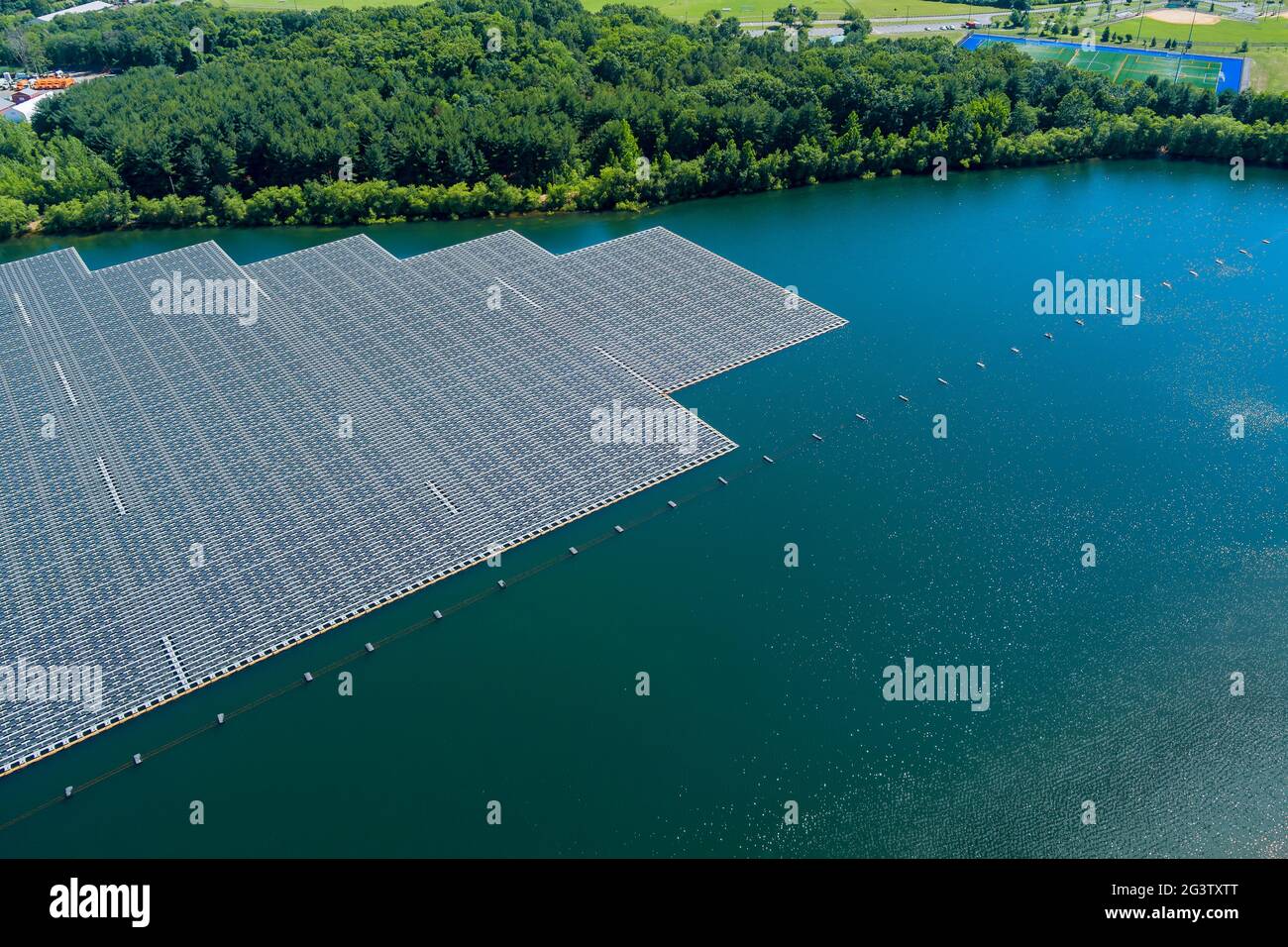 Aerial view of Floating solar panels cell platform system on the lake ...