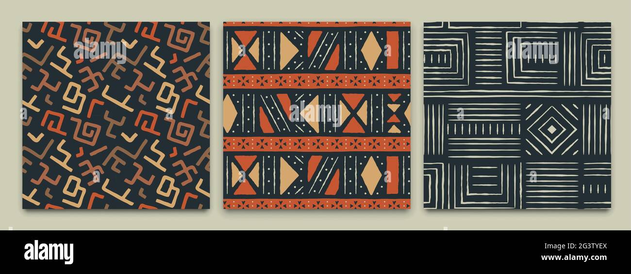 Abstract african art style seamless pattern set. Hand drawn tribal ...