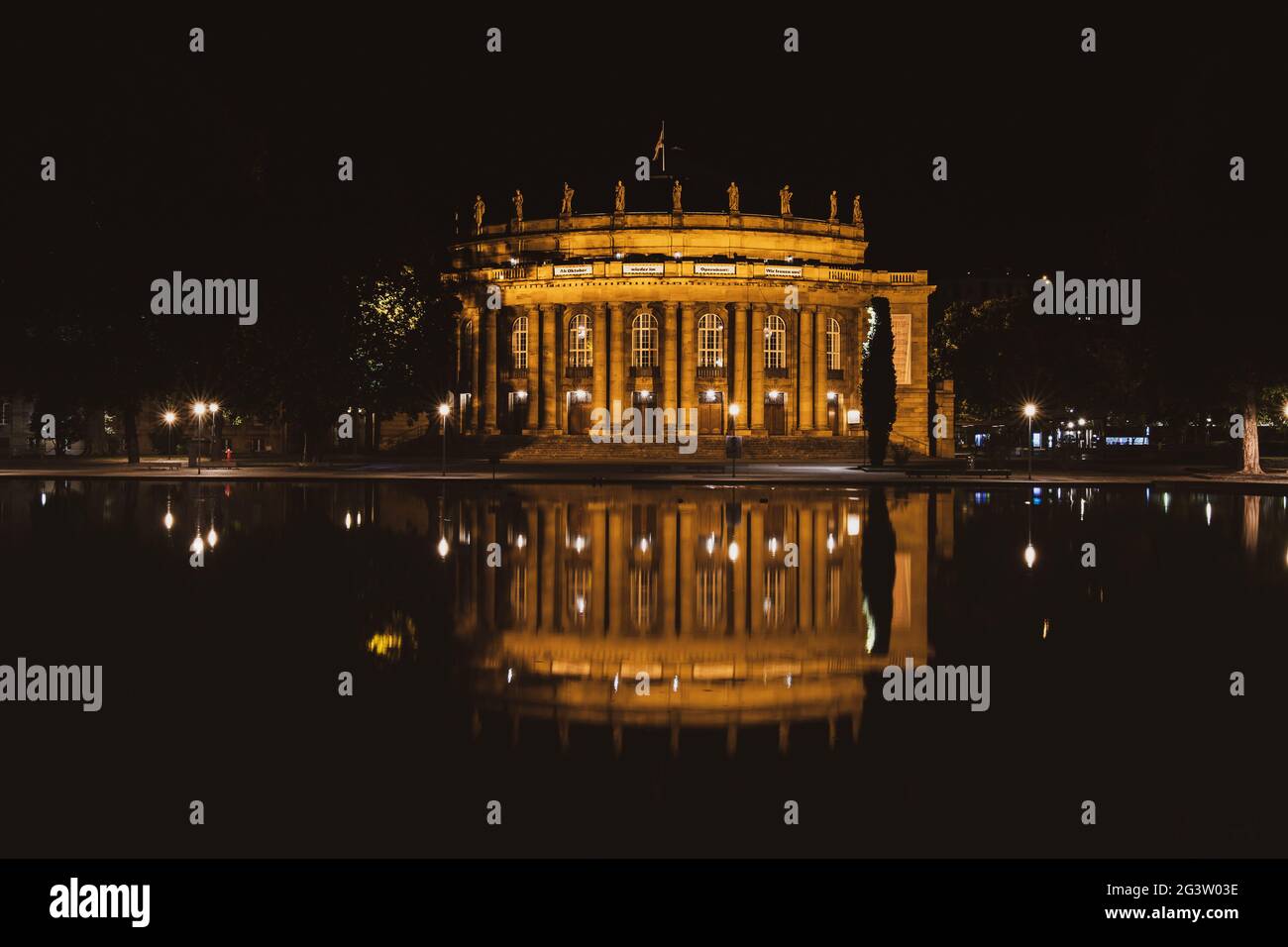 Beautiful facade of Schlossgarten captured at night in Stuttgart ...