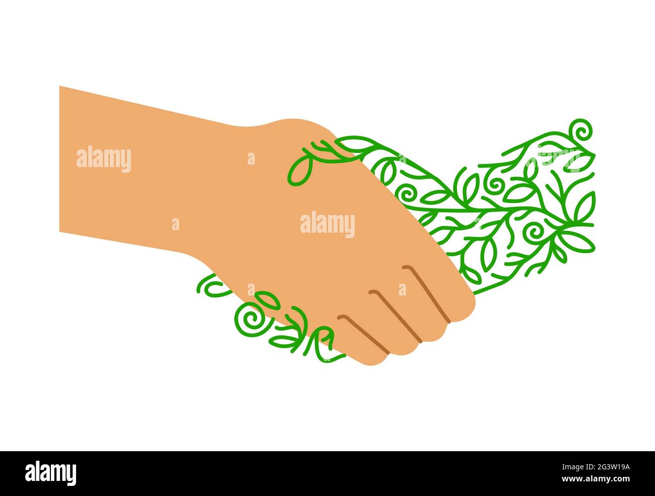 People hands doing handshake gesture together with nature plant leaf ...