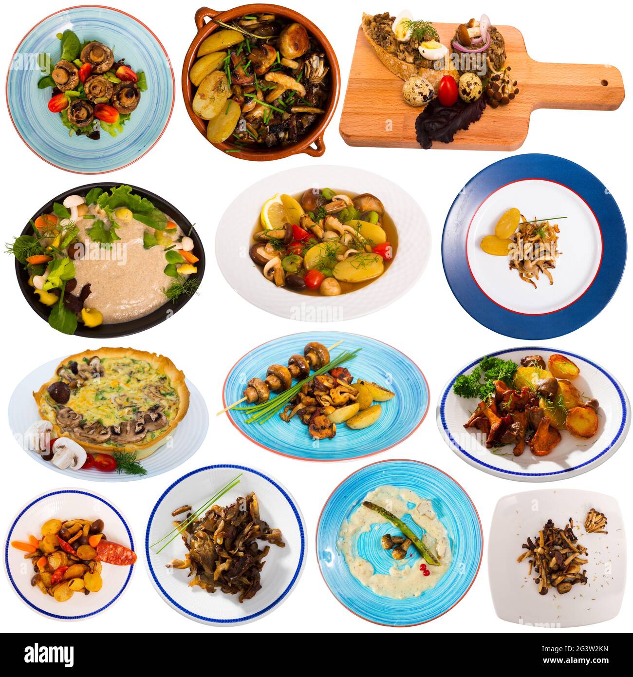 Collection of mushroom dishes on white background Stock Photo - Alamy