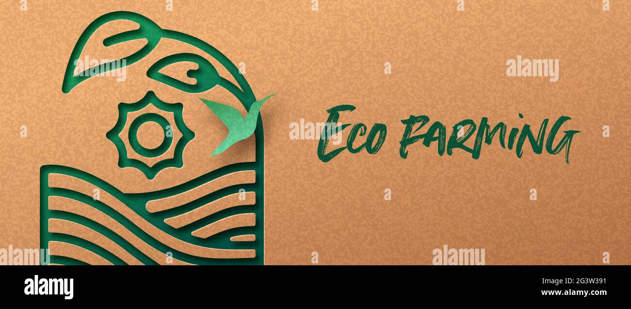 Eco friendly farming papercut web banner illustration with farm field ...
