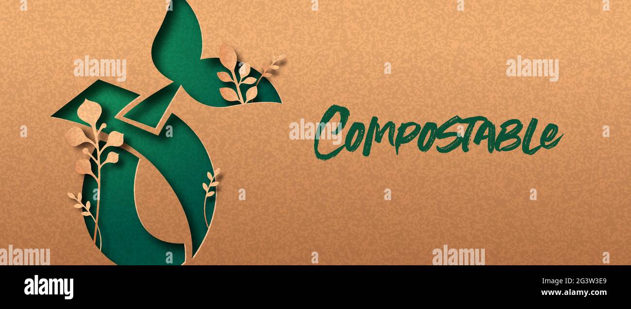 Compostable product papercut web banner illustration with green leaf ...