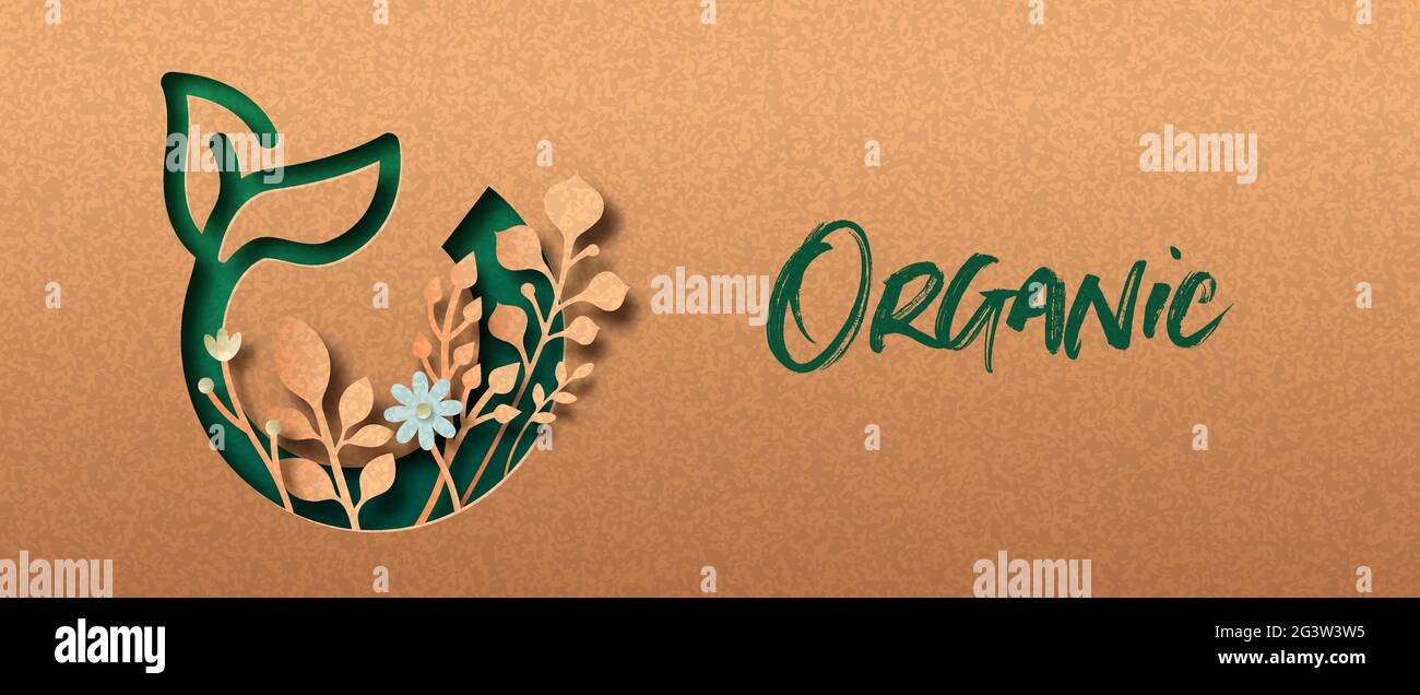 Organic product papercut illustration banner concept with green leaf ...