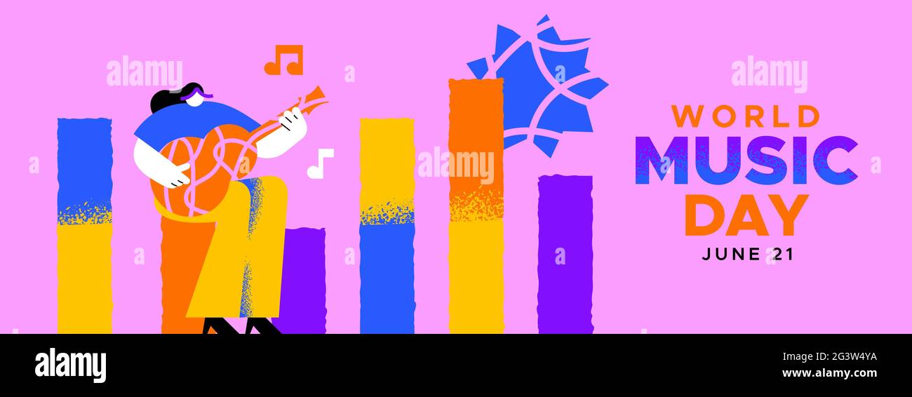 World Music Day web banner illustration of woman musician playing ...