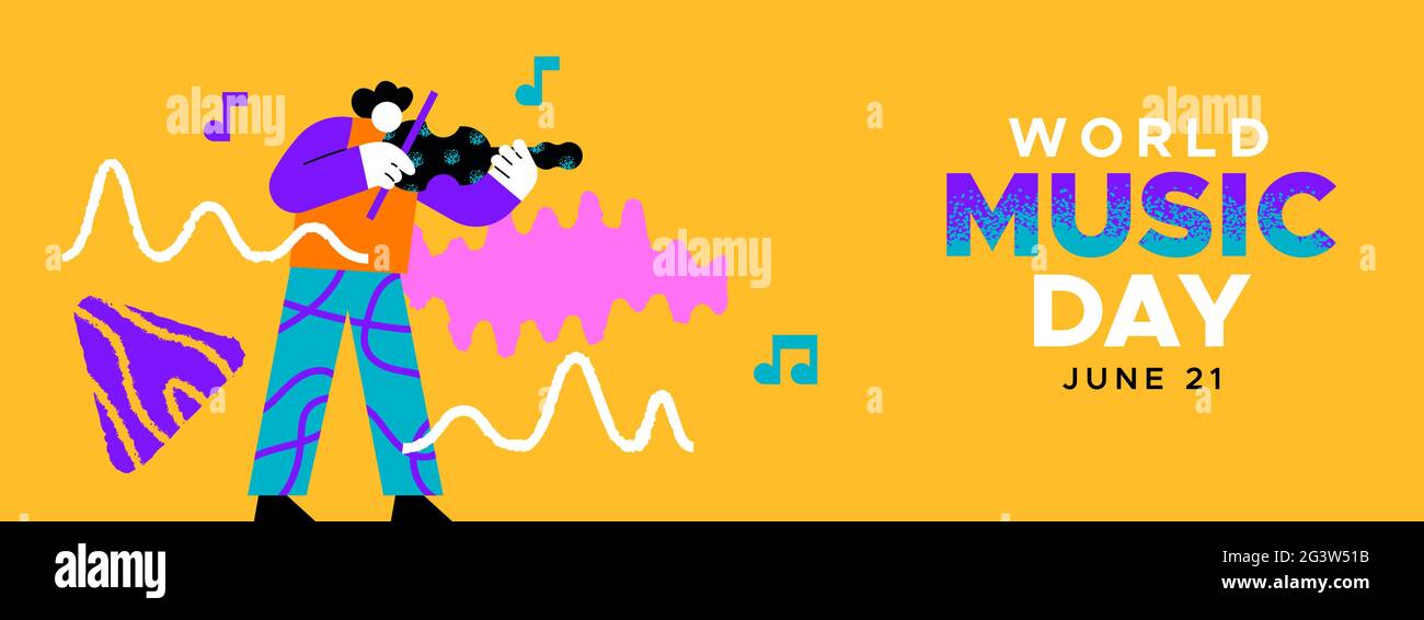 World Music Day web banner illustration of man musician playing violin ...