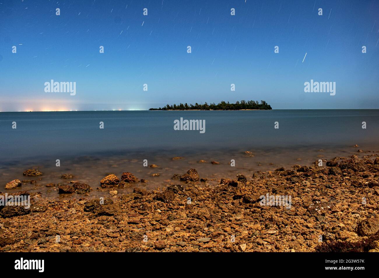 Coastal landscape with an islet in the distance under a starry blue ...